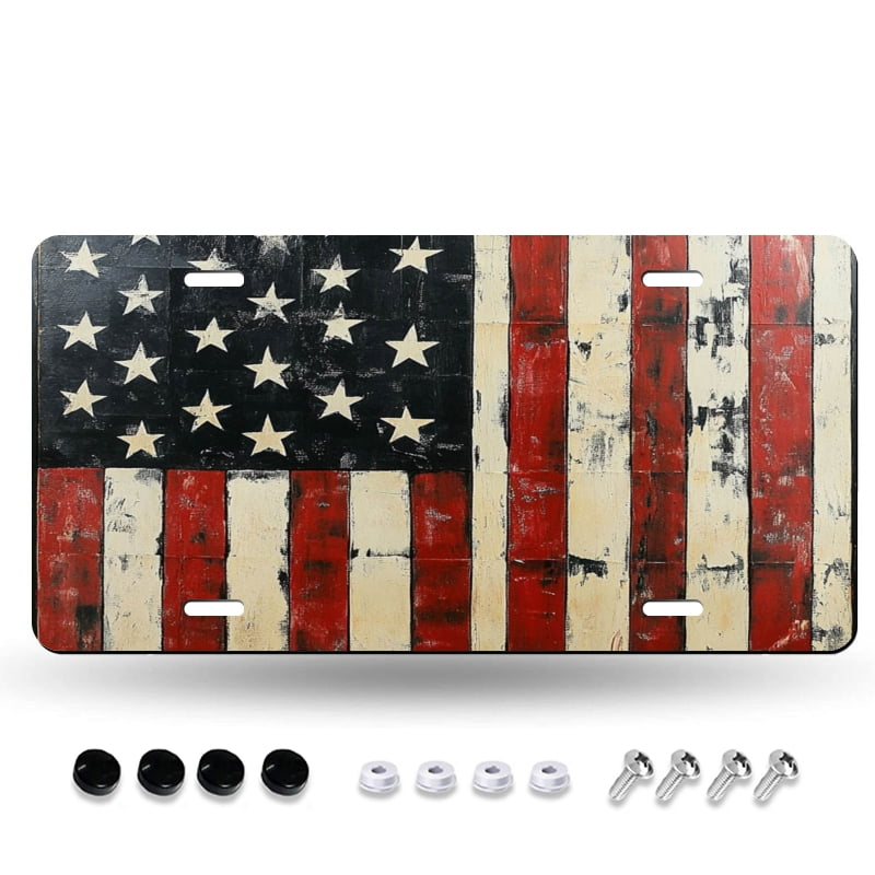 Rustic - Style American Flag Painting License Plate Frame, Decorative ...