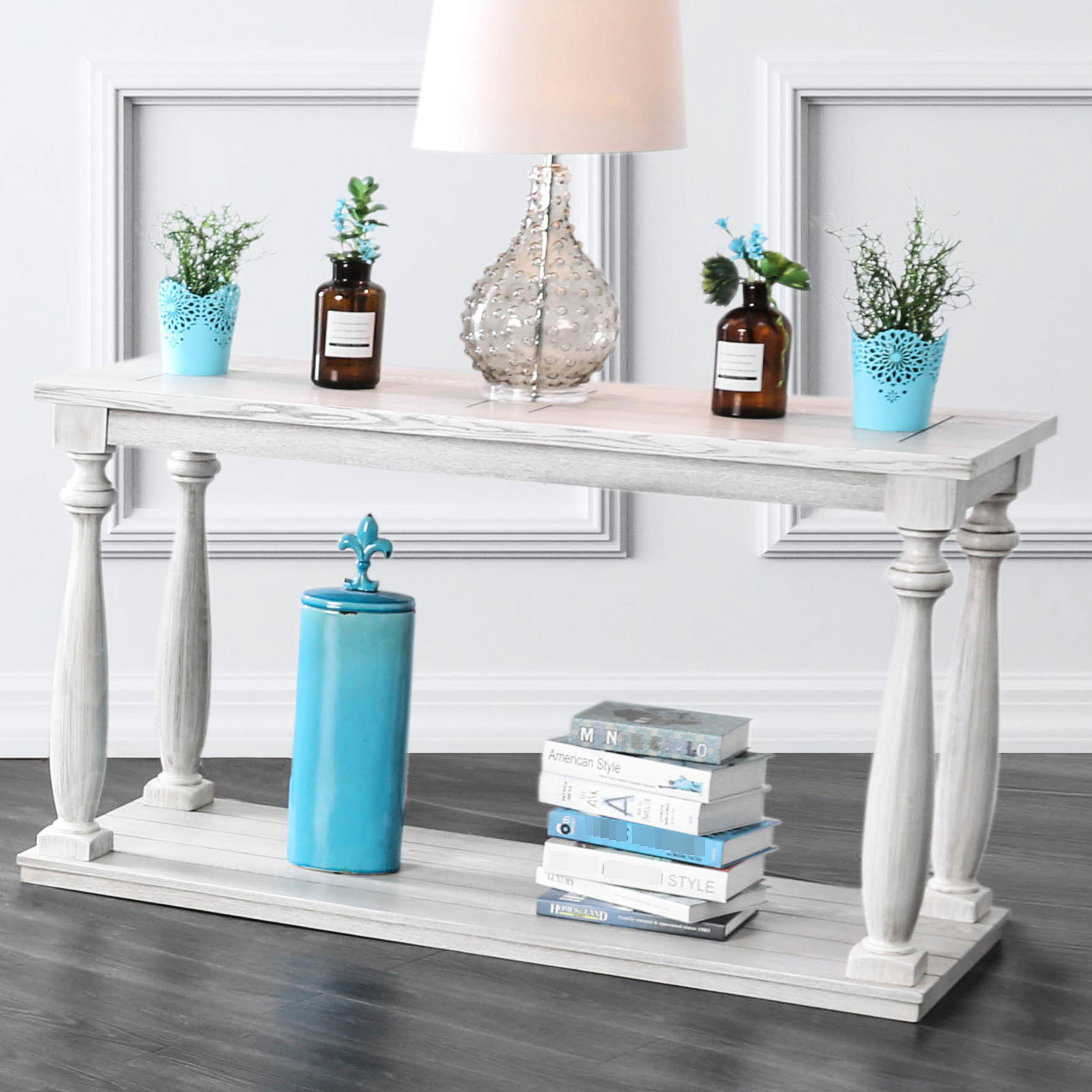 Rustic Style Antique White Table With Open Bottom Shelf And Plank Top ...
