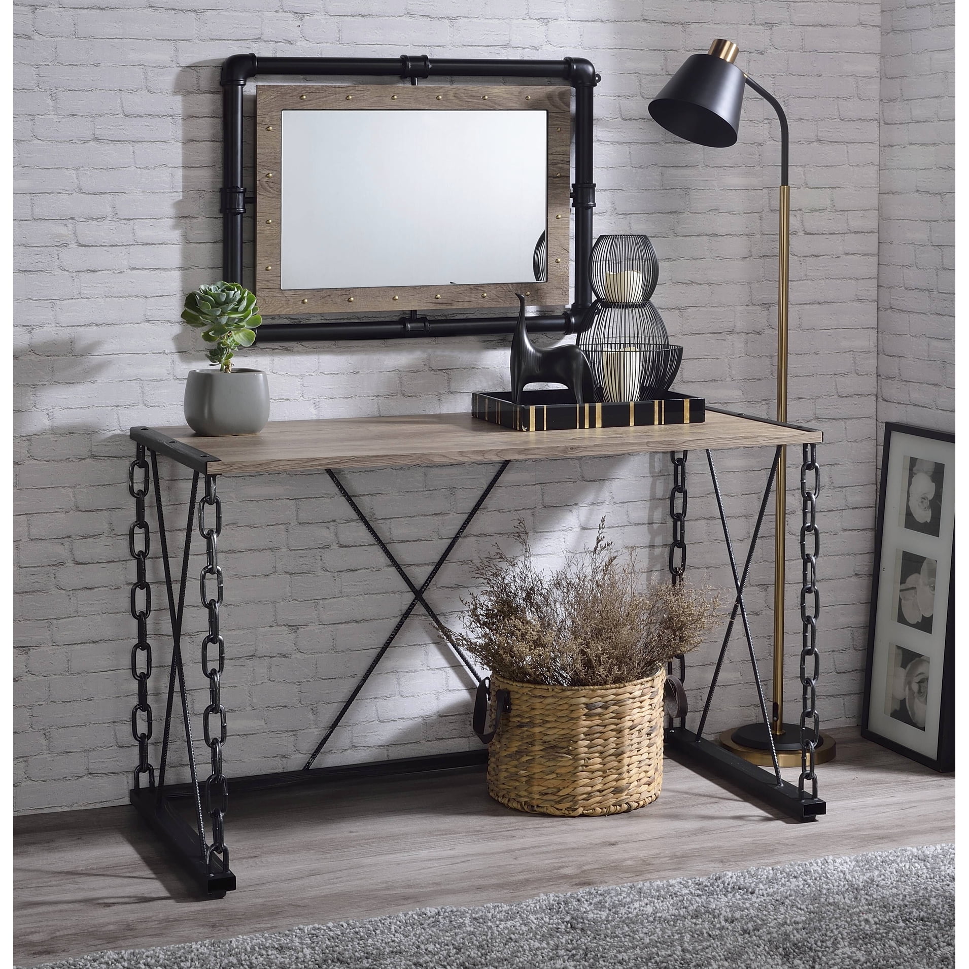Rustic Style Console Table, Oak & Antique Black, Rectangular With Metal ...