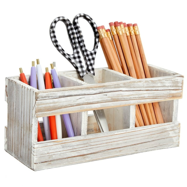 Rustic-Style Wooden Desktop Supply Organizer with 3 Compartments ...