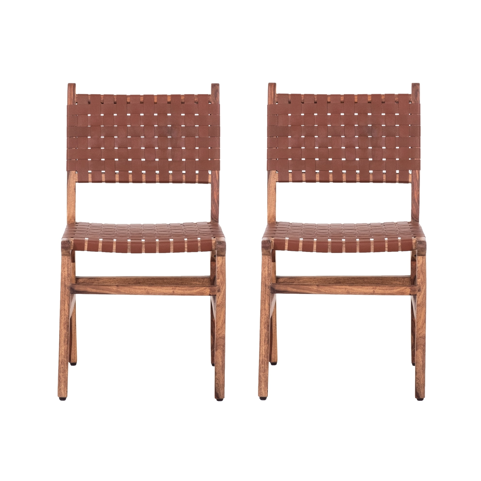 Rustic Style Dining Chairs (2), Leather Woven Back, Brown Hardwood ...