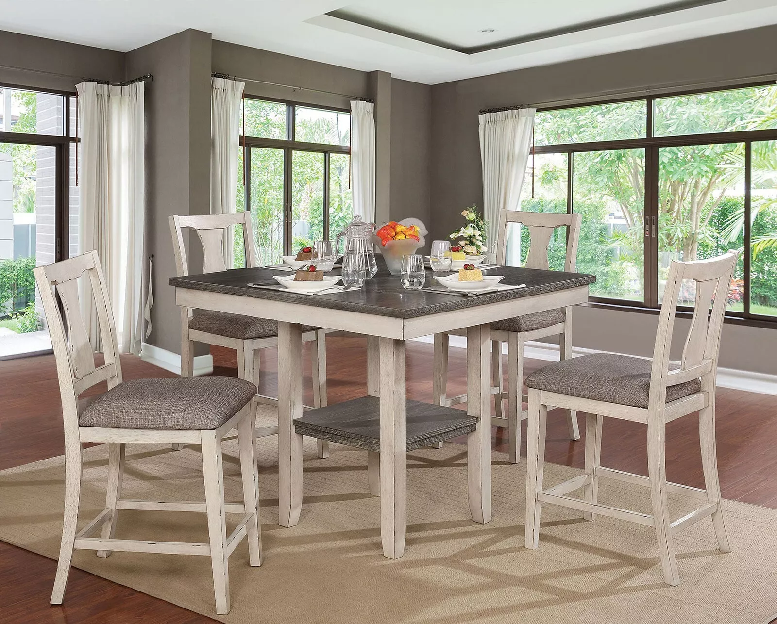 Rustic Style Dining Room Counter Height Table w Open Shelf 4x Chairs ...