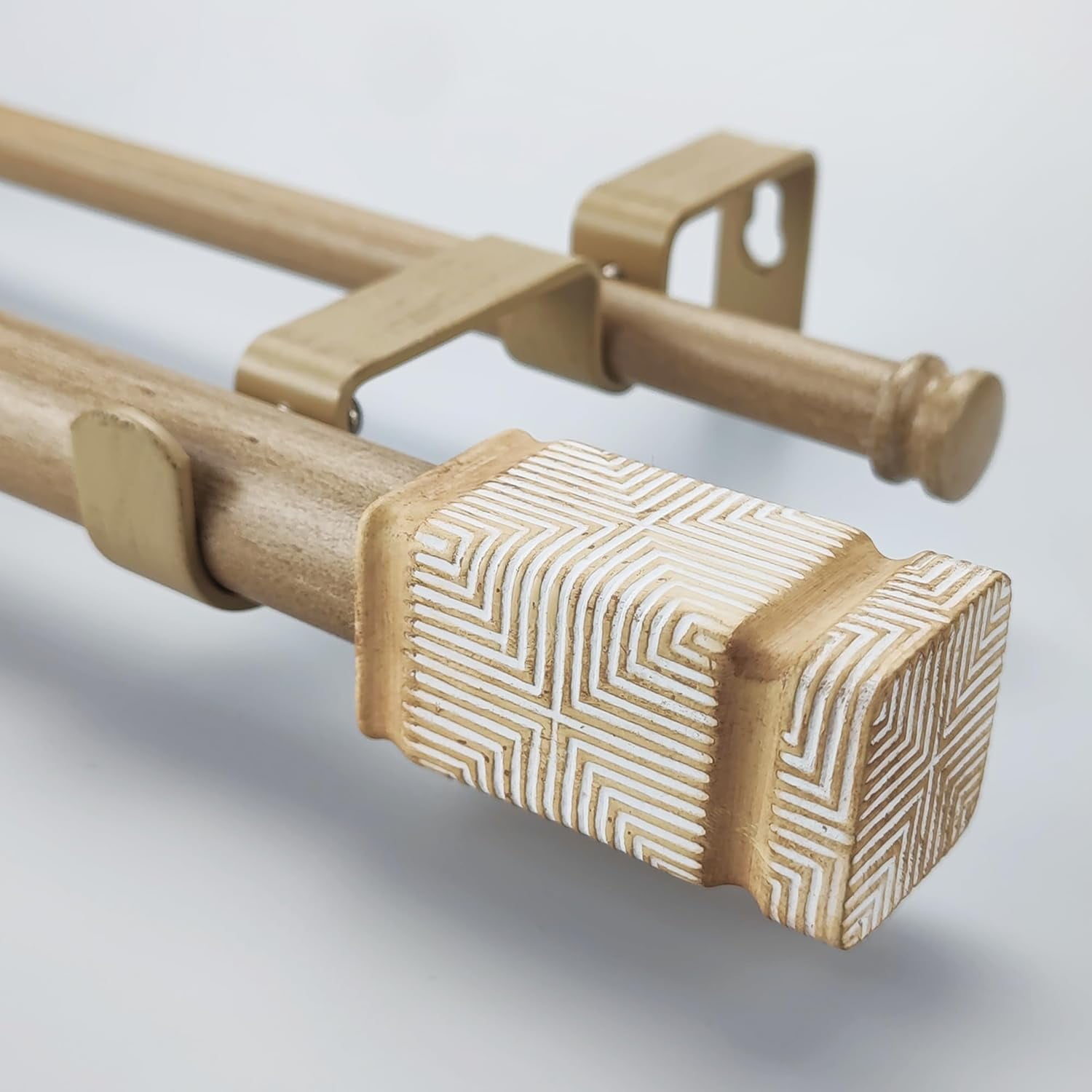 Rustic Style Double Curtain Rod Set with Carved Square Finial, 36-72 ...