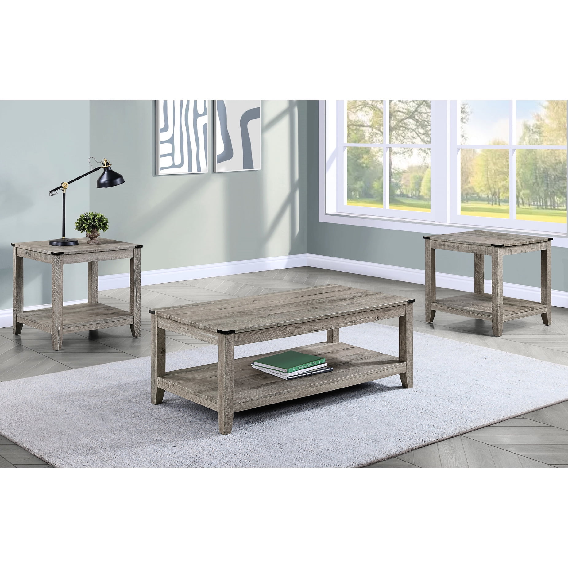 Rustic Style Gray Brown Table Collection: Rectangular Coffee & 2 Square ...