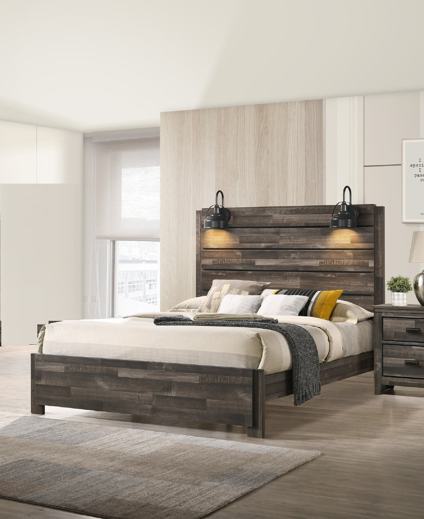 Rustic Style King Size Platform Bed, Brown Finish Bed Frame with High ...