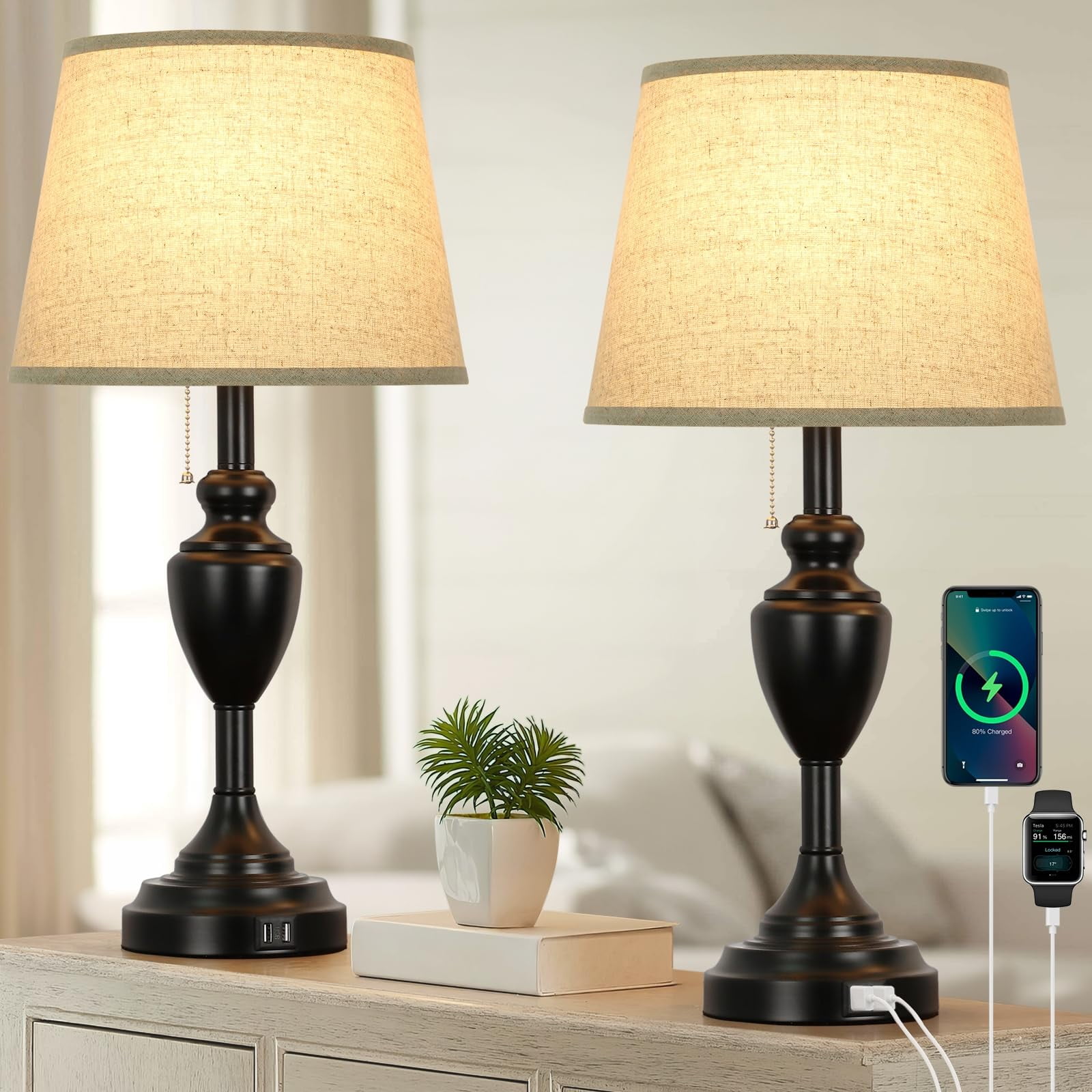 Rustic Style Table Lamps Set of 2 with USB&AC Outlet Charging Ports,3 ...
