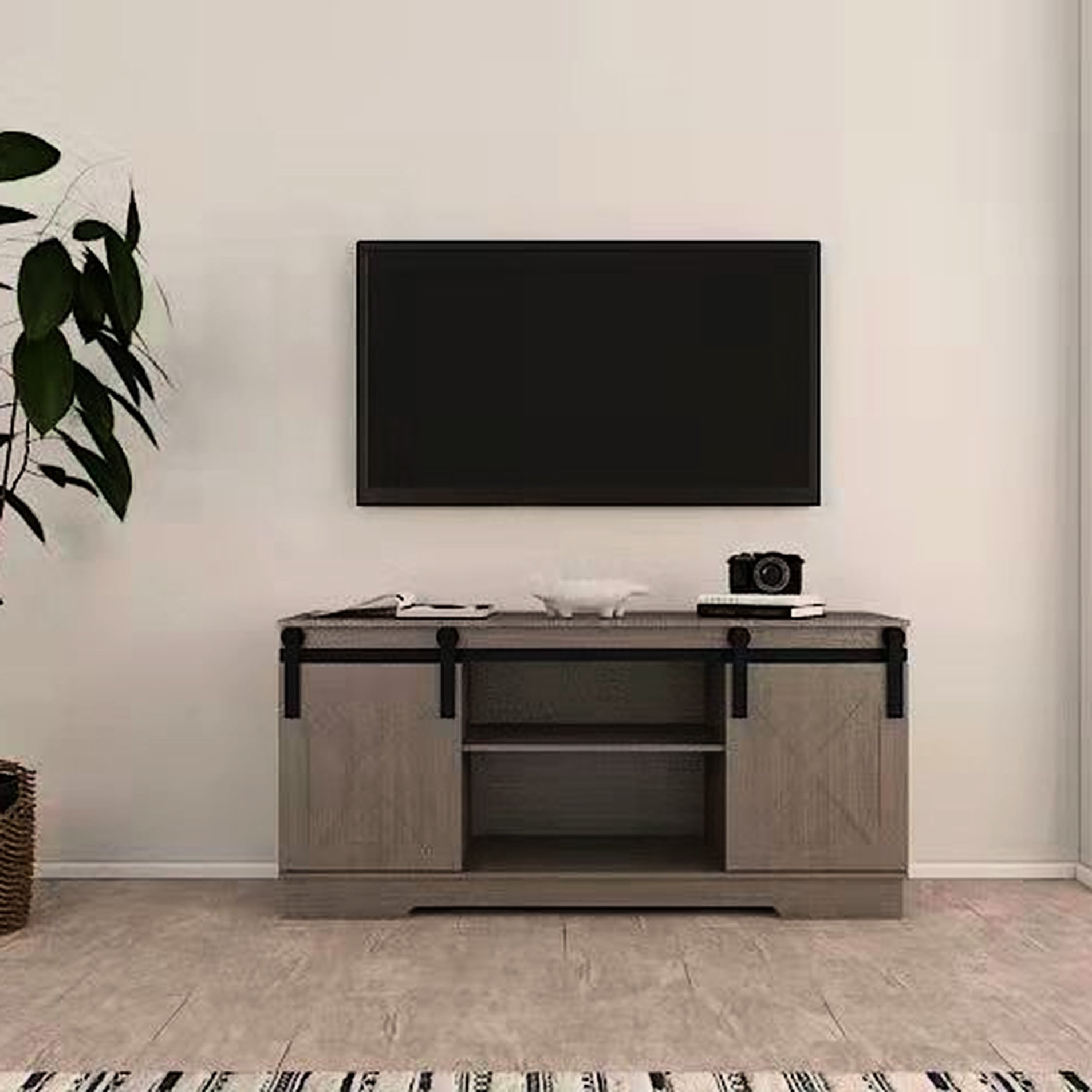 Rustic Style Tv Stand With Sliding Doors - Water & Heat , Stain Scratch ...