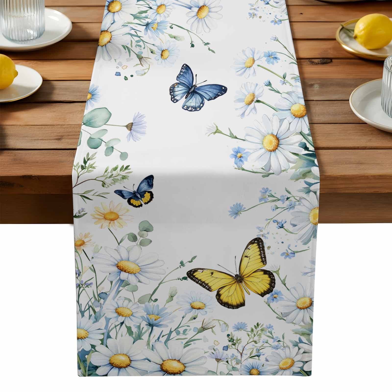 Rustic Summer Table Runner, Daisy Butterfly Cotton Linen Tablecloth ...