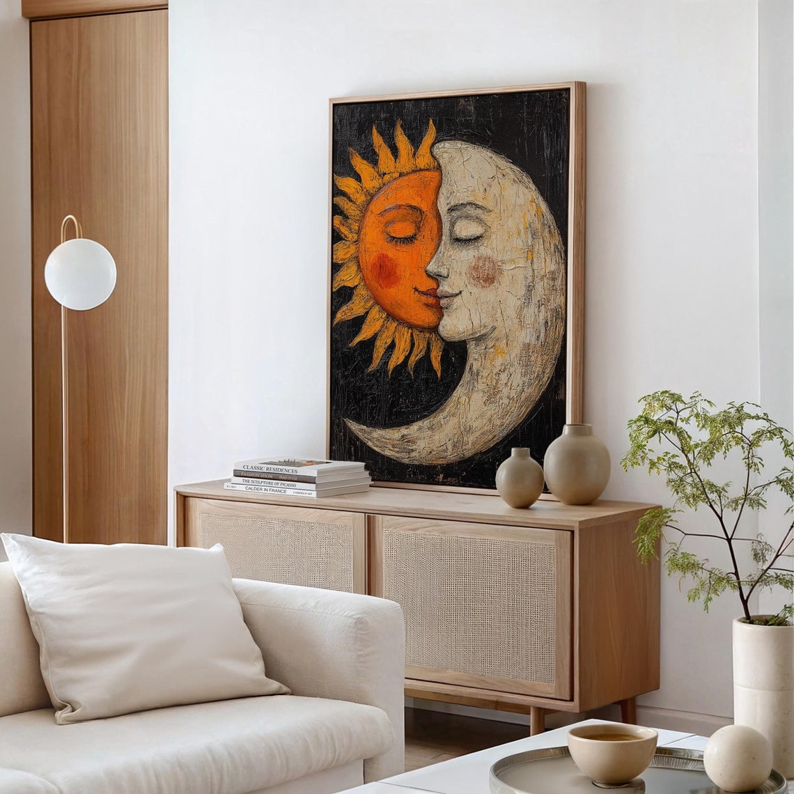 Rustic Sun And Moon Art - Boho Celestial Harmony Wall Decor, Sunburst & Crescent Moon Design ...