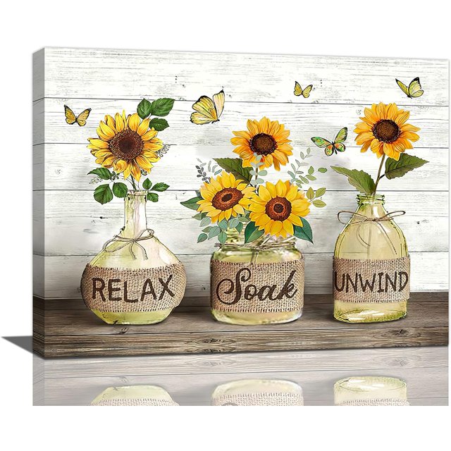 Rustic Sunflower Bathroom Wall Art Print, 12x16in, Framed Canvas Print ...