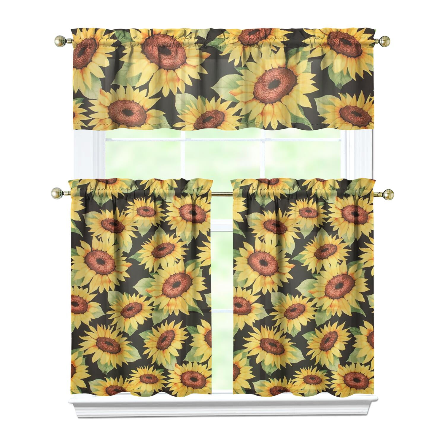 Rustic Sunflower Curtains for Kitchen - 3-Piece Tier & Valance Set ...