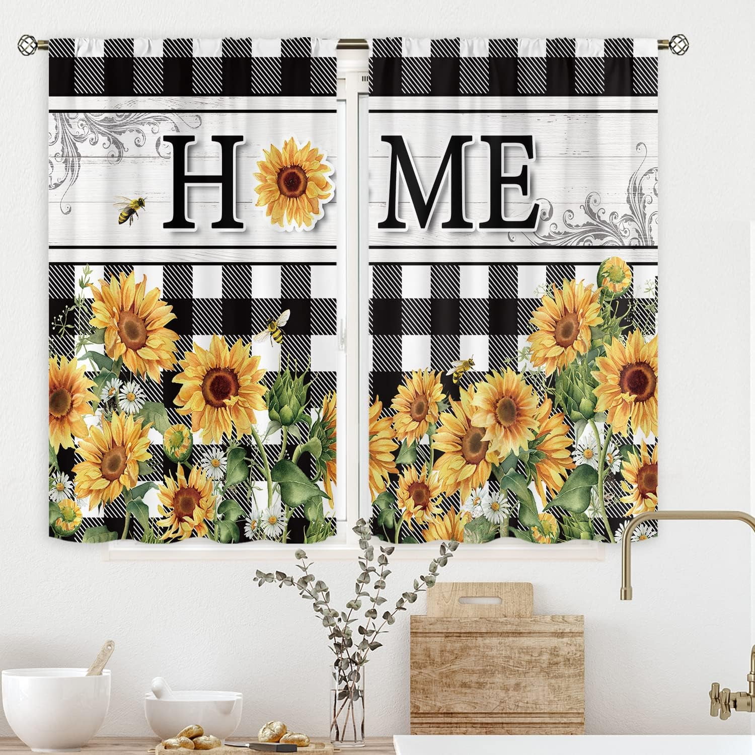 Rustic Sunflower Kitchen Curtains 27.5Wx36H Inch Rod Pocket Farmhouse ...