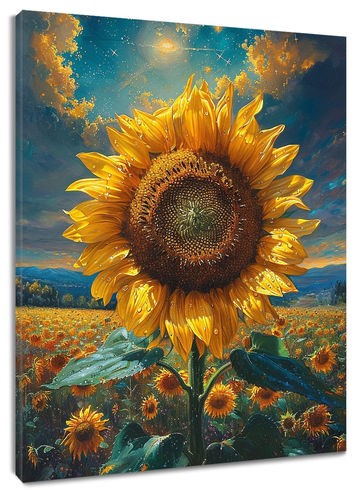 Rustic Sunflower Wall Art Yellow Floral with Green Leaf on Rain in ...