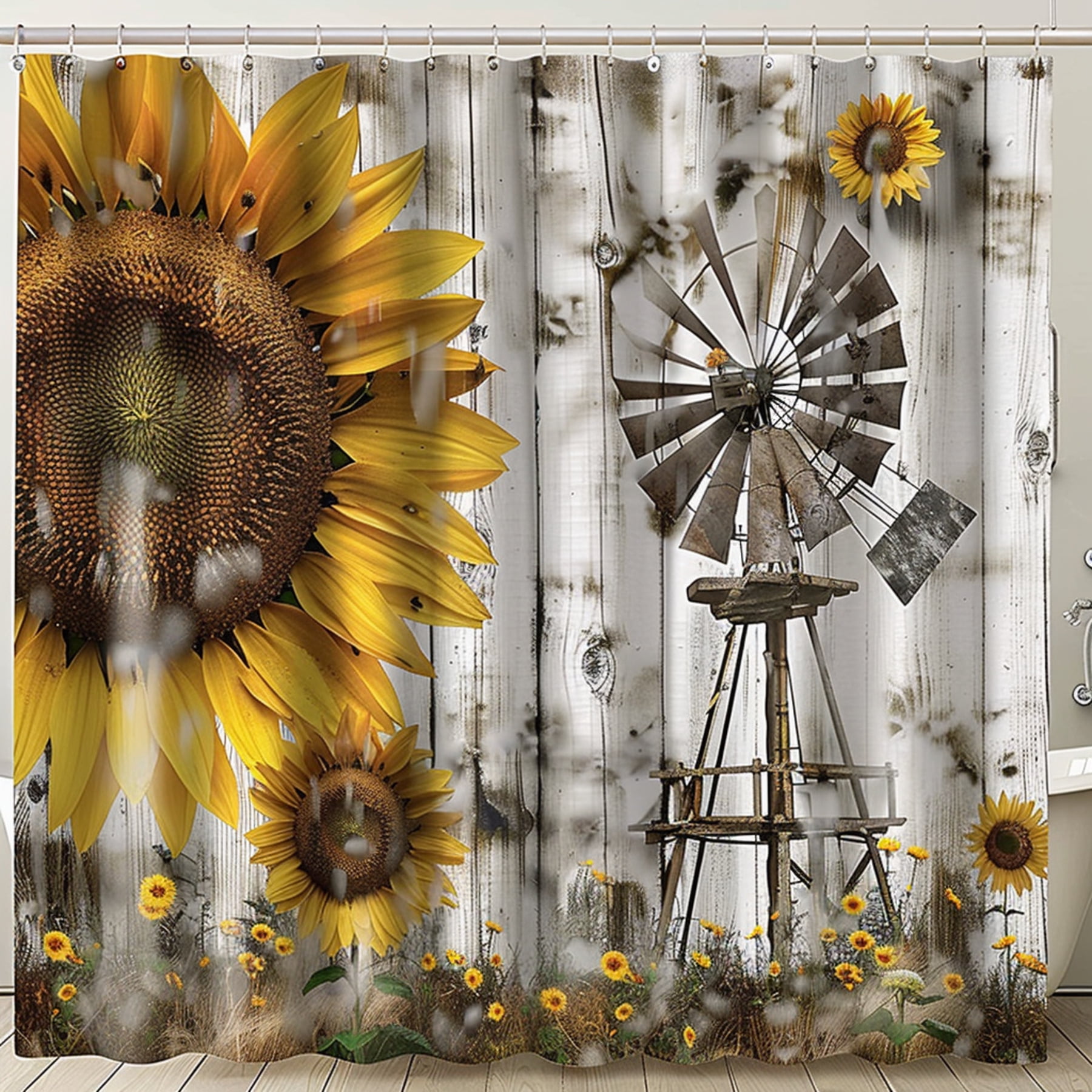 Rustic Sunflower Windmill Bathroom Decor Set White Wood Wall Art with ...