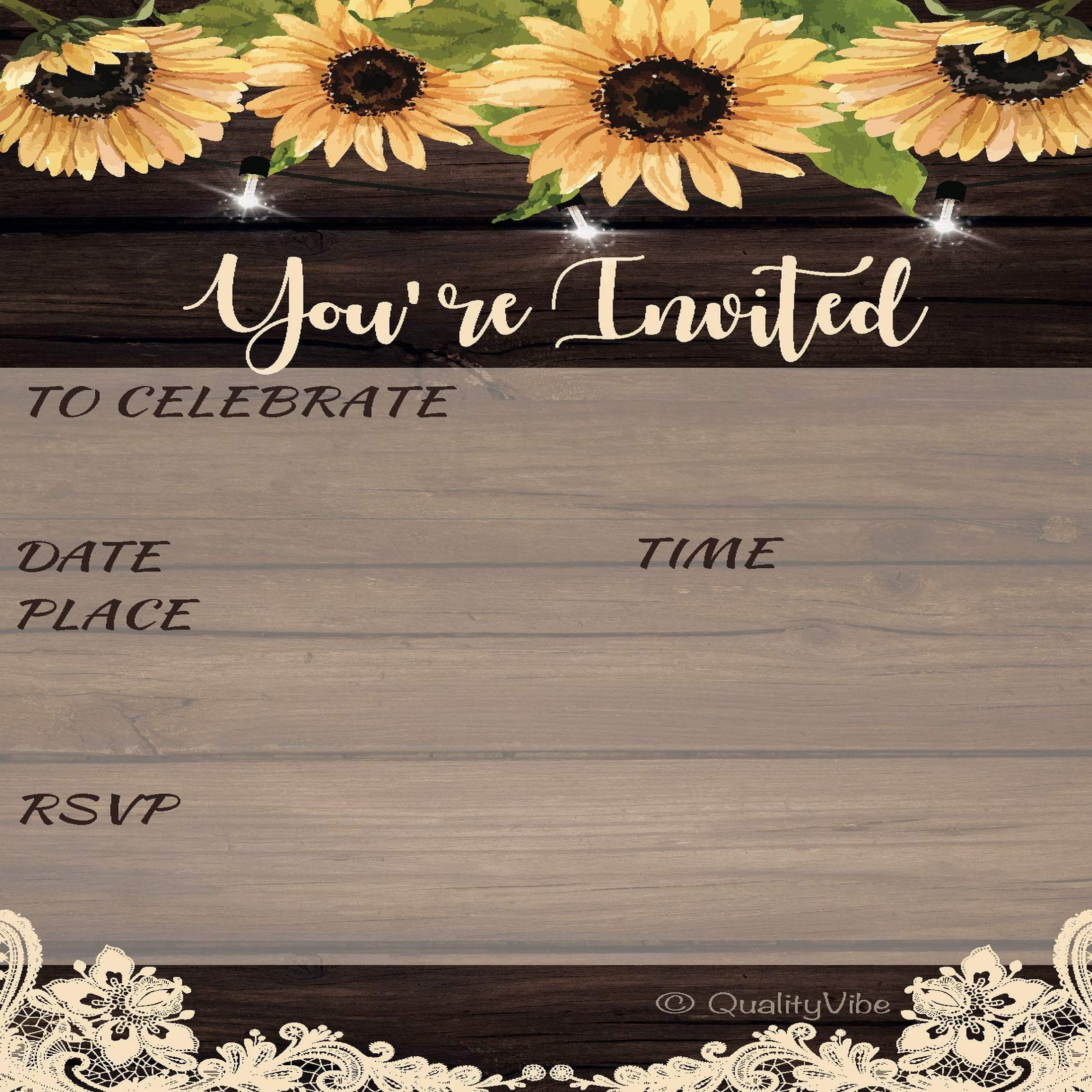 Rustic Sunflower Wood Lace Invitations Set with Envelopes for Weddings ...