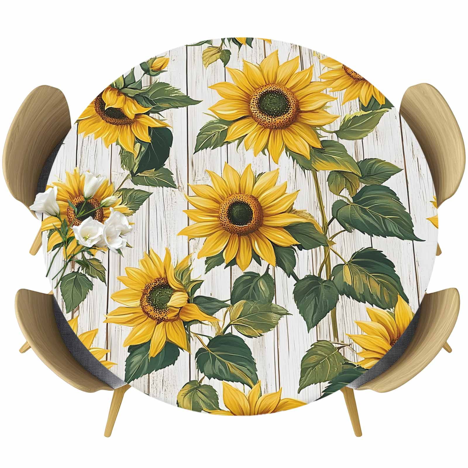Rustic Sunflowers Round Tablecloth 55-60 Inch Round Fitted Table Cloth ...