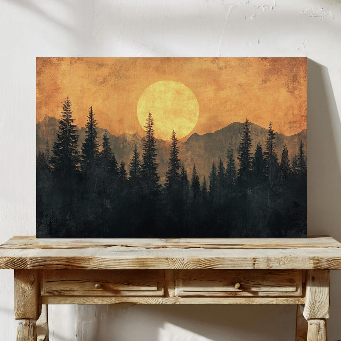 Rustic Sunset Forest Painting - Moody Mountain Wall Art, Silhouette Pine Trees, Warm Nature ...