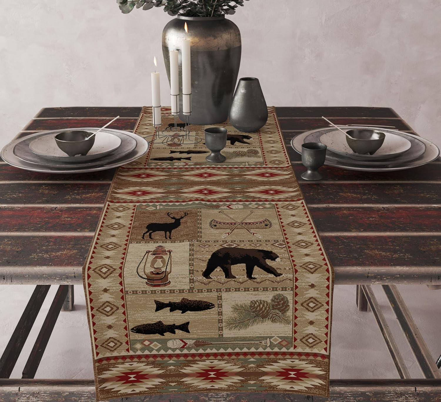 Rustic Table Runner, Retro Patchwork Farmhouse Cabin Aztec Geometric ...