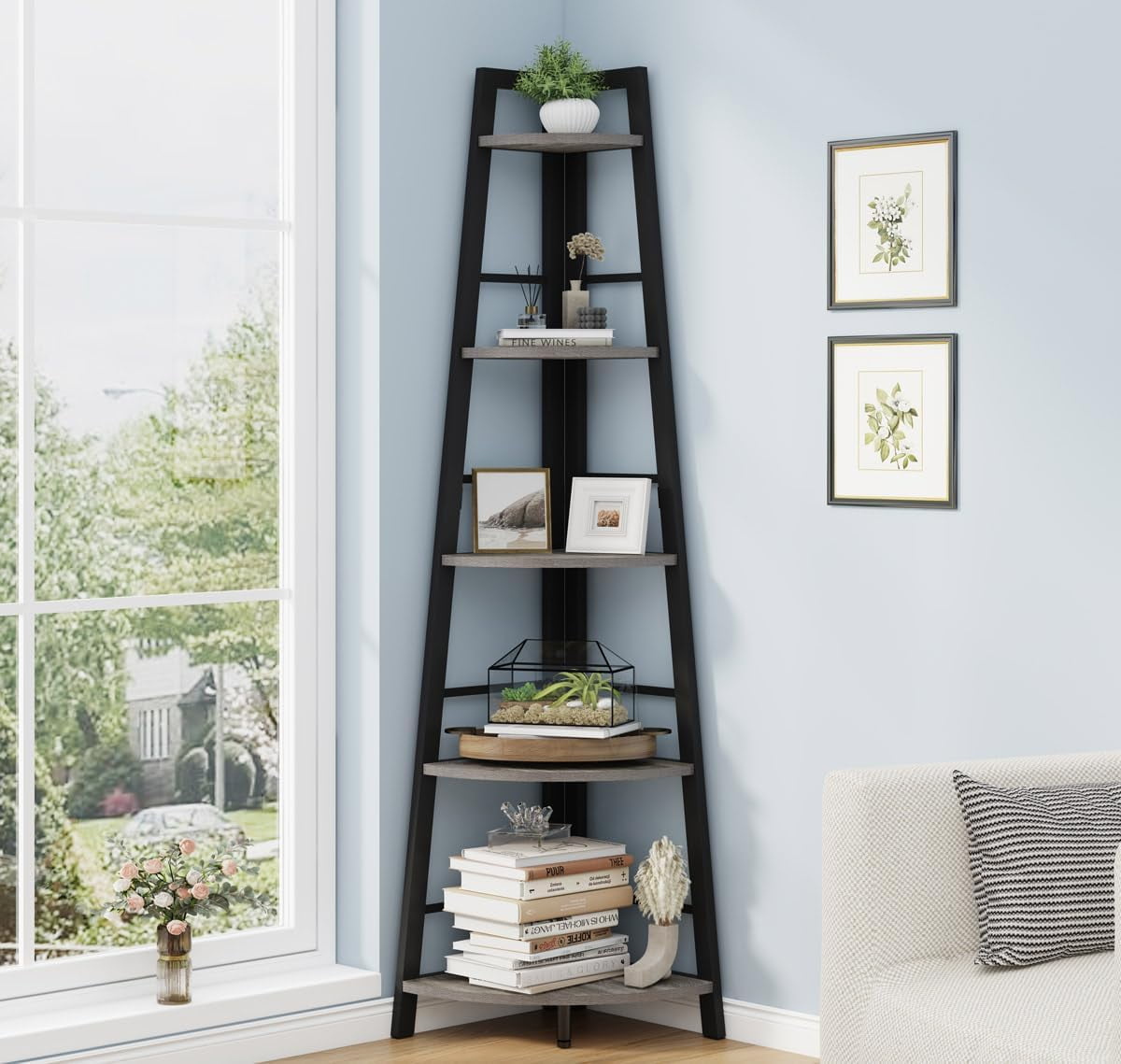 Rustic Tall Corner Bookshelf, 5 Tier Wood and Black Metal Corner Ladder ...