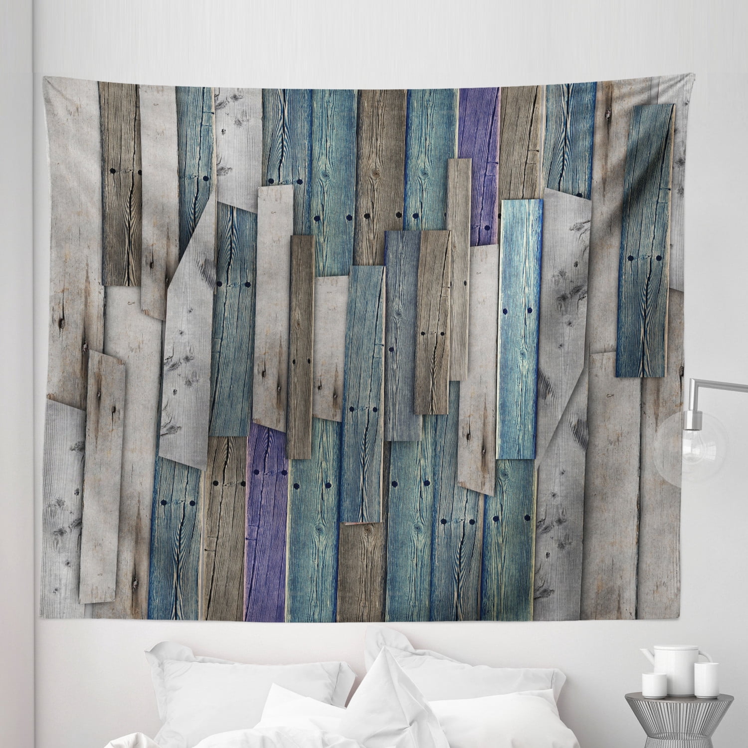 Rustic Tapestry, Blue Grey Grunge Wood Planks Barn House Door Nails ...