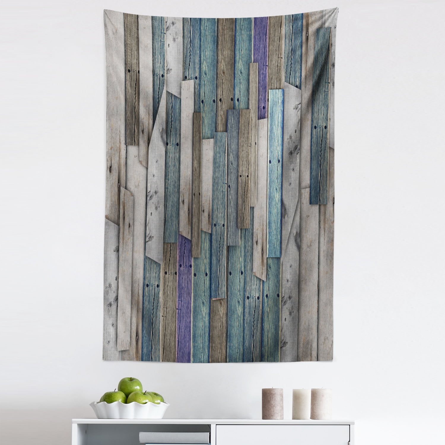 Rustic Tapestry, Blue Grey Grunge Wood Planks Barn House Door Nails Country Life Theme Art ...