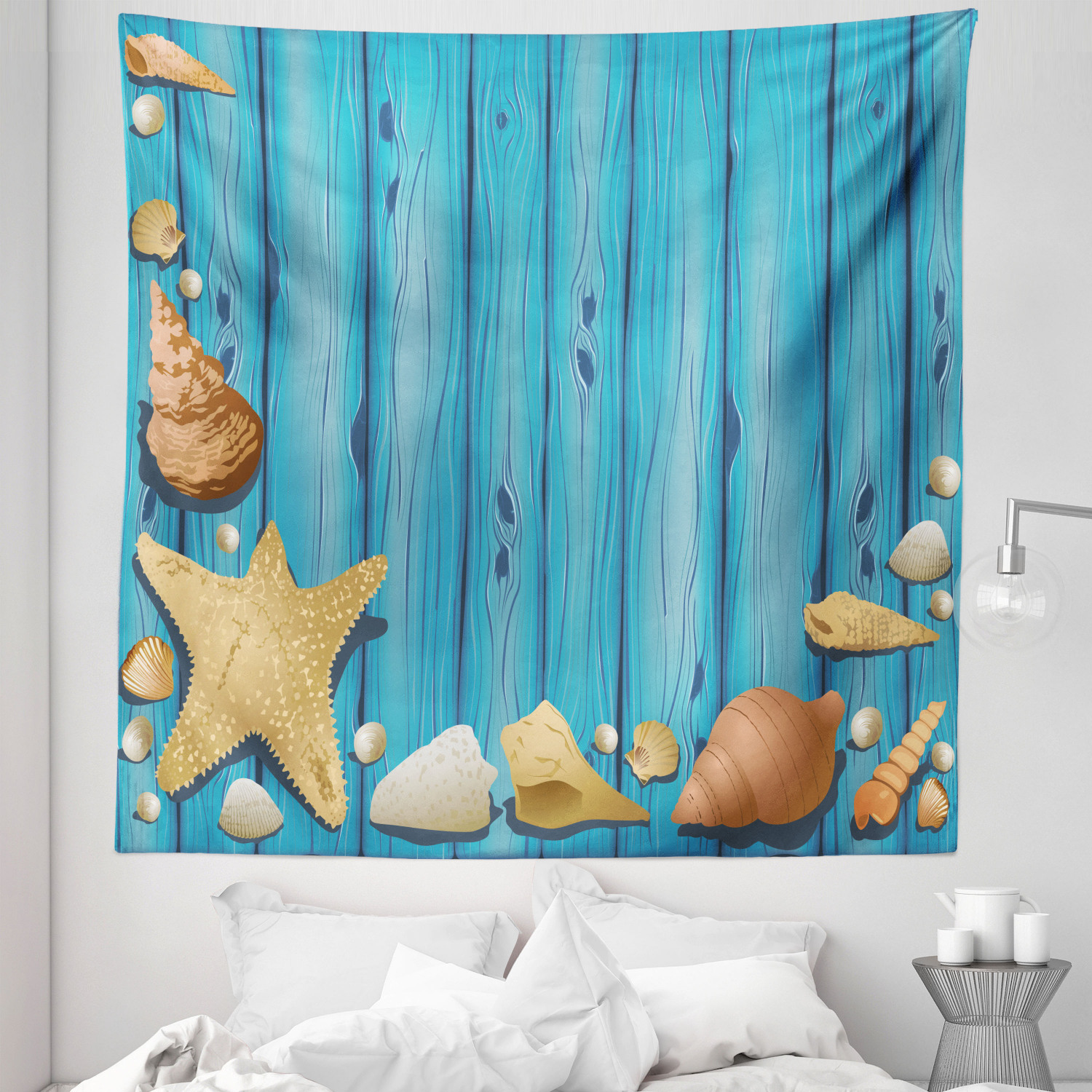 Rustic Tapestry, Digital Cartoon Drawing Shells and Starfish Sea Ocean ...