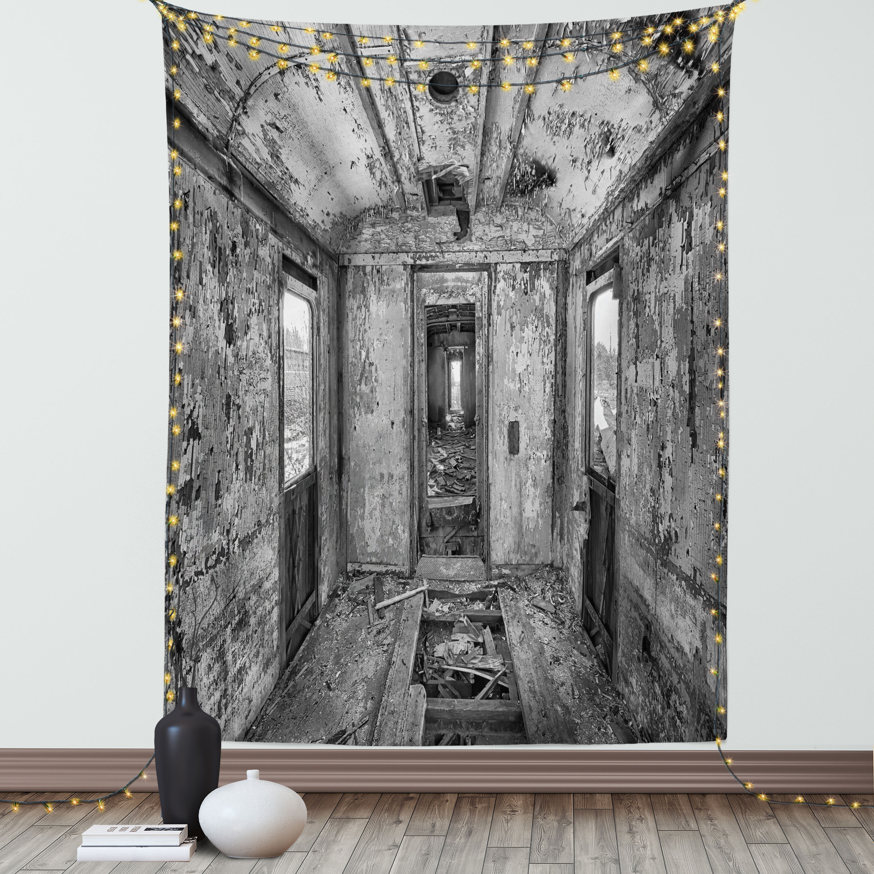 Rustic Tapestry, Interior of an Antique Aged Railway Wagon Burnt ...