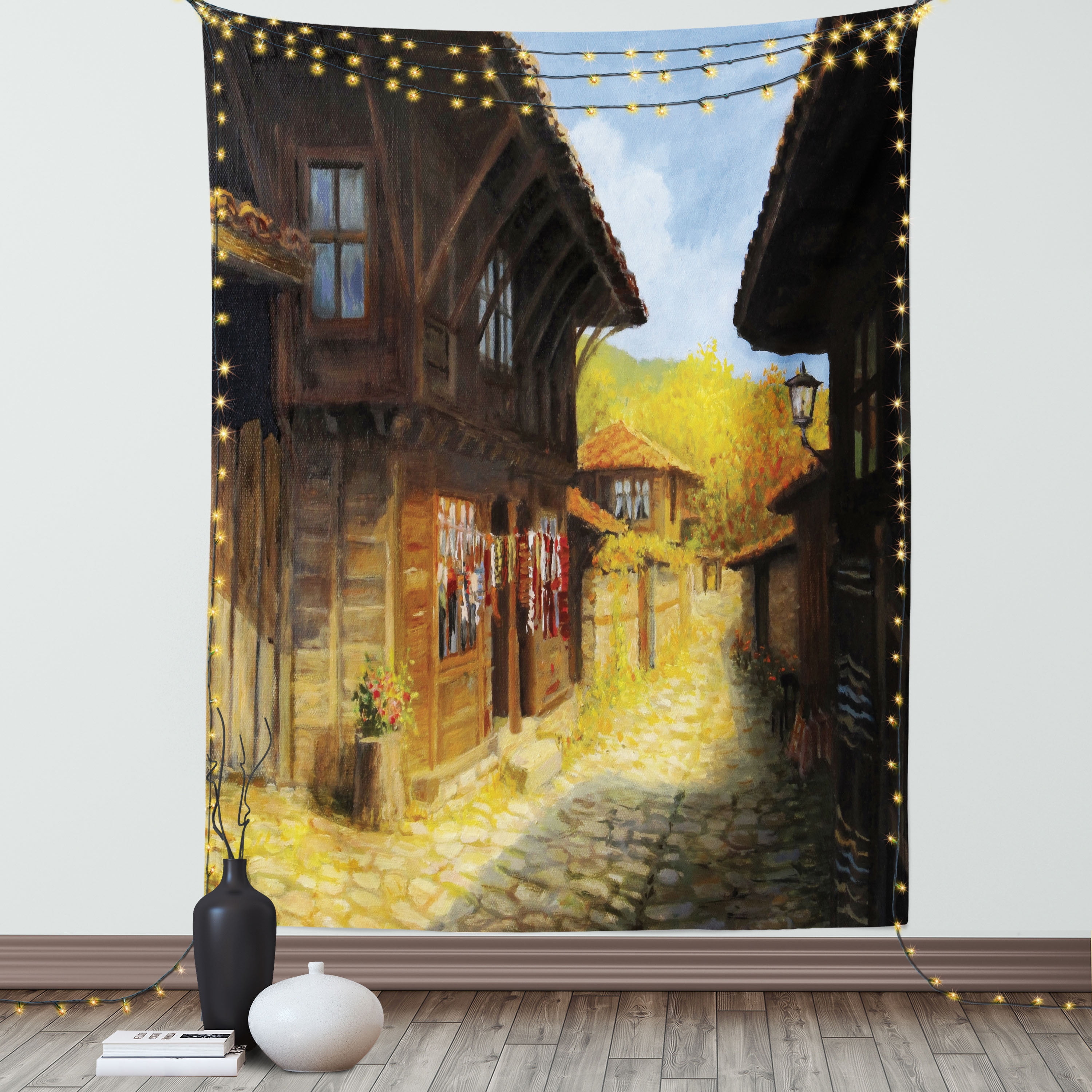 Rustic Tapestry Wall Hanging Middle Age Wooden Houses on Fall Season ...