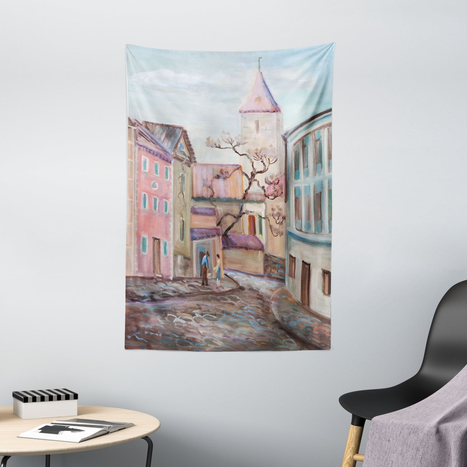 Rustic Tapestry Wall Hanging Watercolored Effect Street with Paved ...
