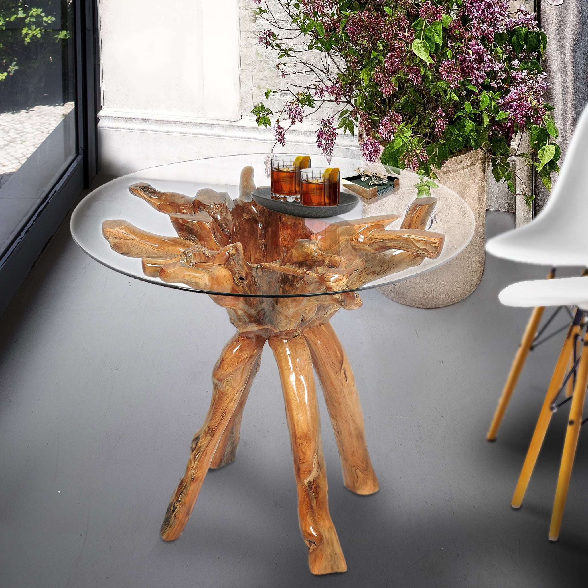 Rustic Teak Wood Root Bar Table Including 36 Inch Round Glass Top ...