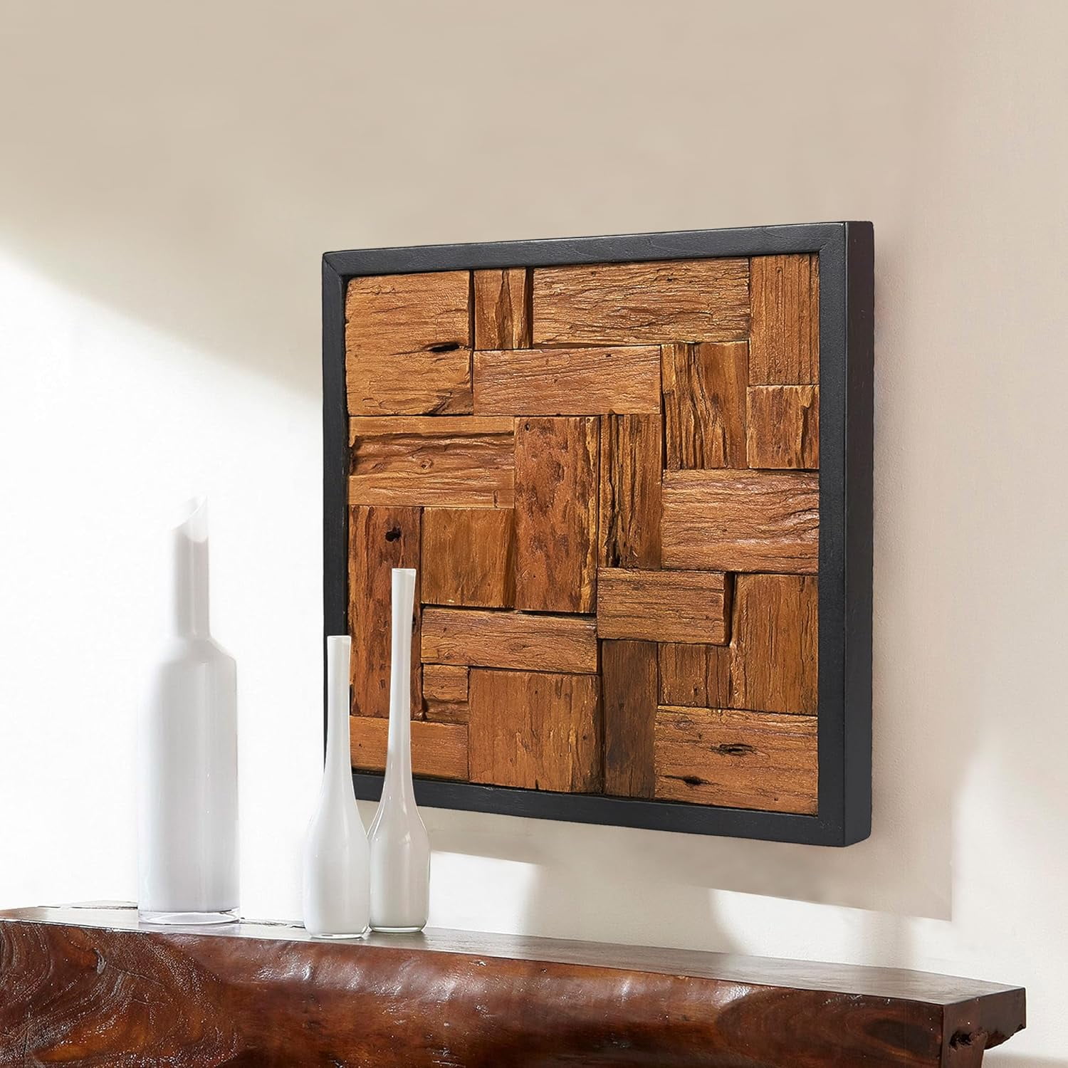 Rustic Teak Wood Wall Decor 17''x17 Farmhouse Slatted Collage Wall Art ...