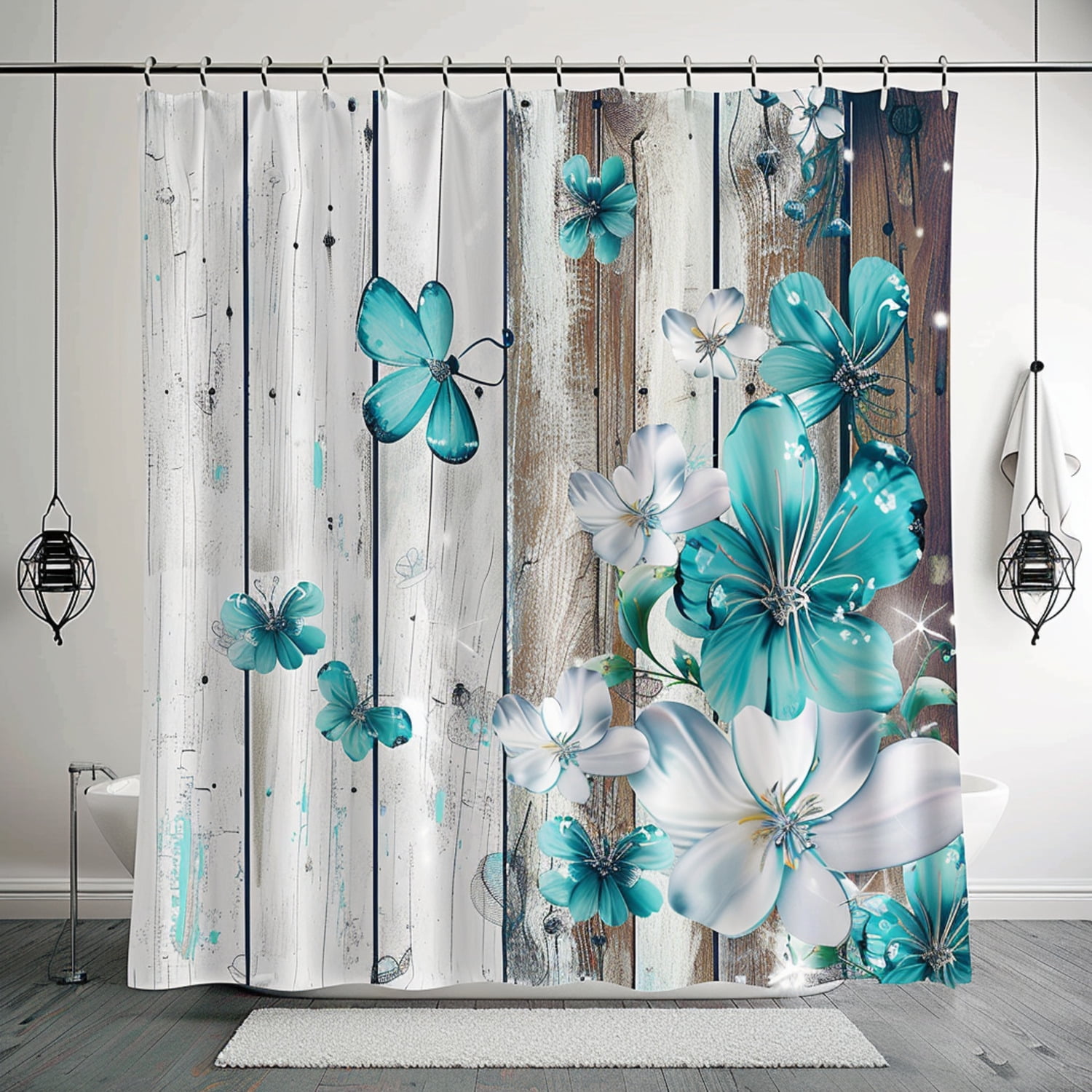 Rustic Teal Blue White Floral Bathroom Curtain with Butterflies ...