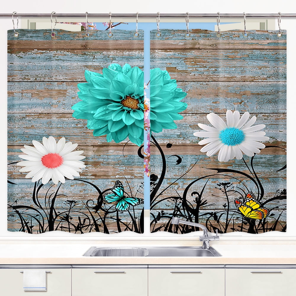 Rustic Teal Floral Kitchen Curtains, Farmhouse Turquoise Blue Flower Daisy Kitchen Curtains Grey ...