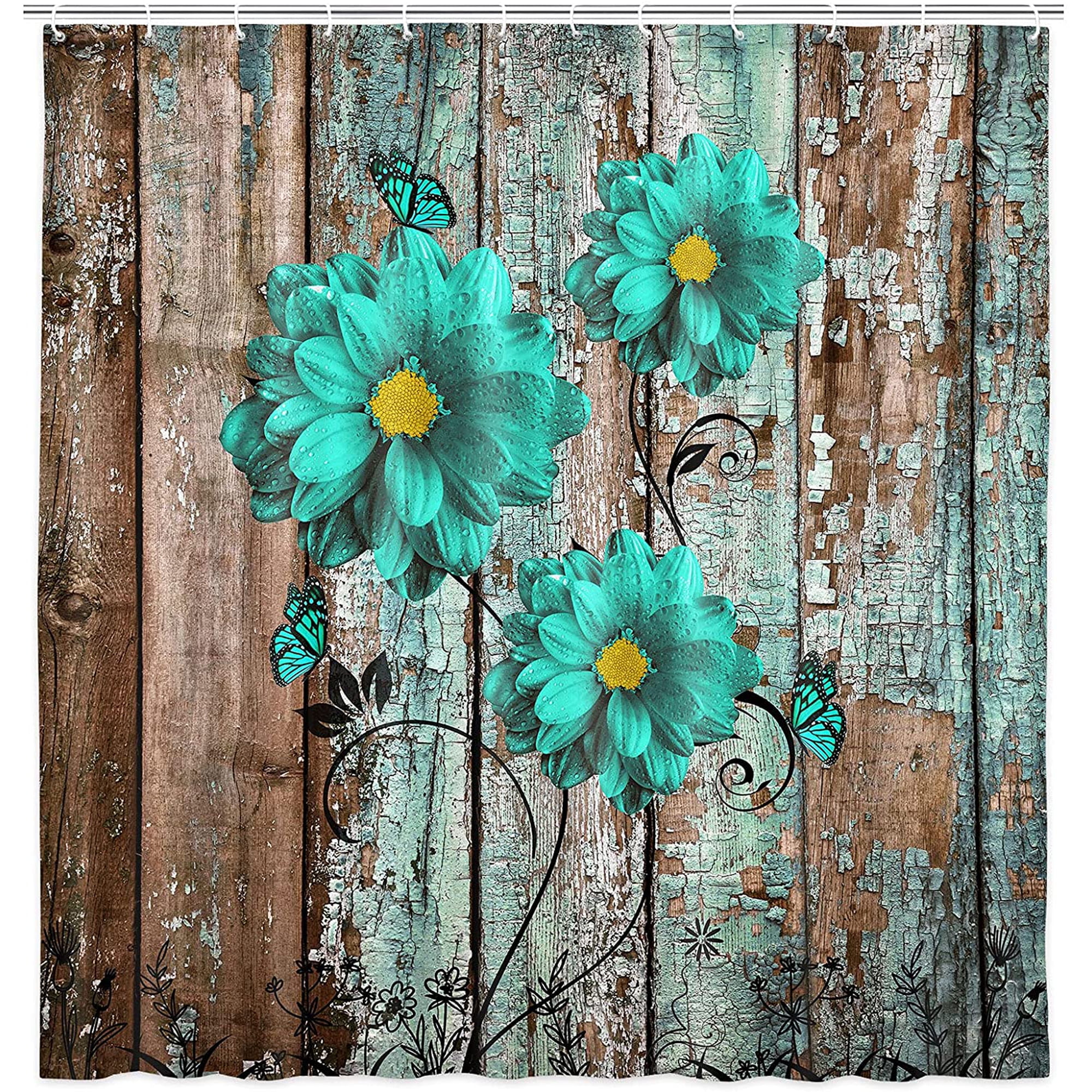 Rustic Teal Floral Shower Curtain, Modern Farmhouse Shower Curtain Set ...
