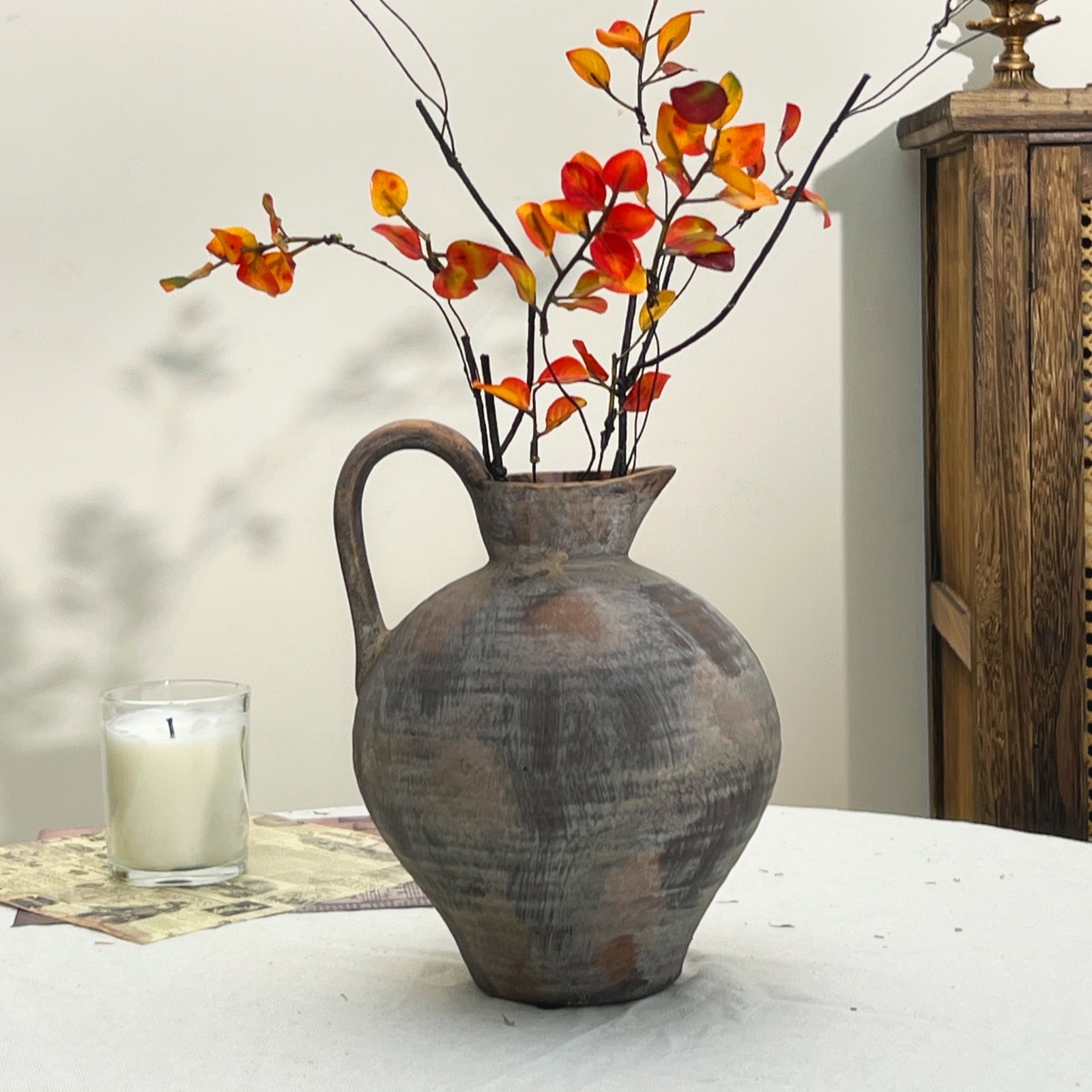 Rustic Terracotta Vase with Handle,8.8 Inch Vintage Ceramic Flower Vase ...