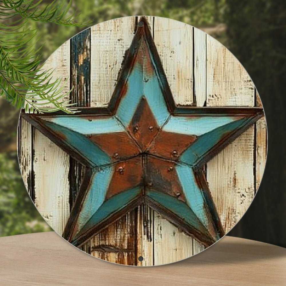 Rustic Texas Star Metal Wall Decor, 8-Inch Round Tin Plate with ...