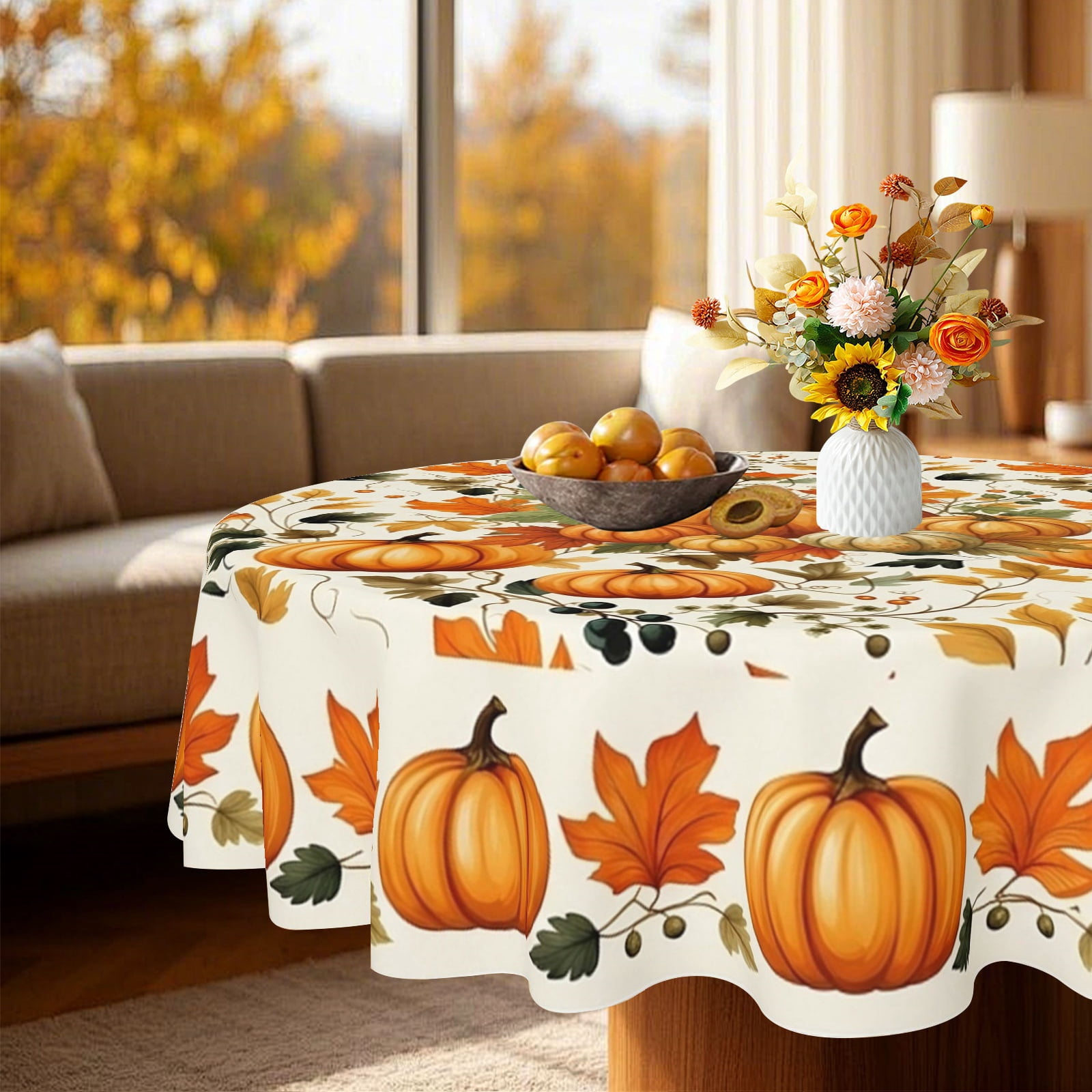 Rustic Thanksgiving Pumpkin Fall Foliage Print Round Tablecloth, Indoor ...