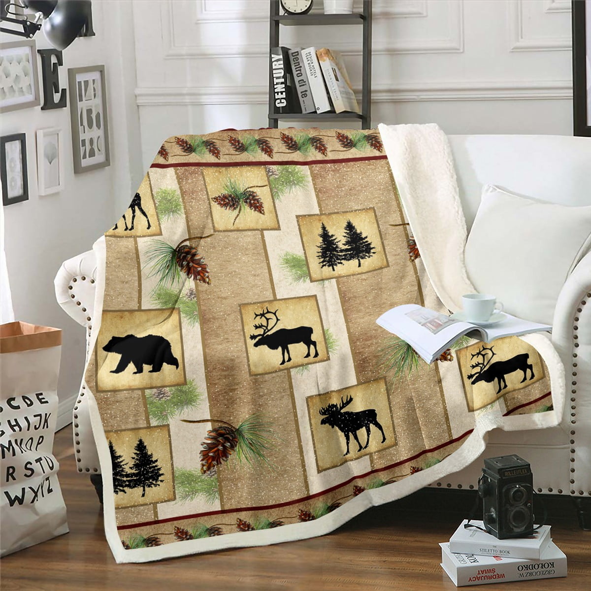 Rustic Throw Blanket Bear Moose Elk Deer Hunting Fleece Blanket Pine Tree Branches Pinecone ...