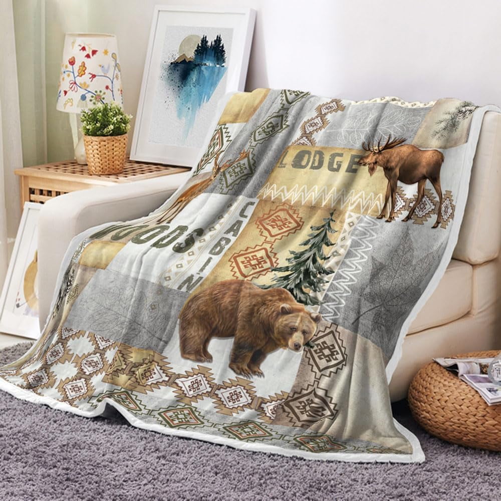 Rustic Throw Blankets GIFS,Bear Deer elk Moose Green Forest Woodland ...