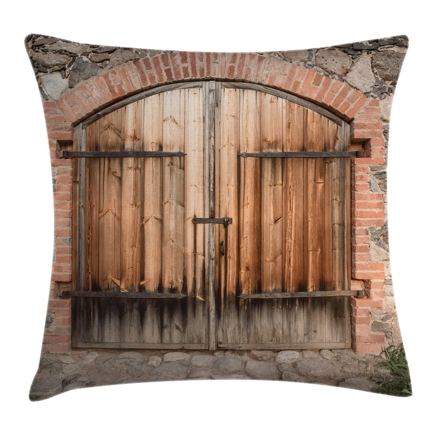 Rustic Throw Pillow Cushion Cover, Wooden Door of a Stone House with ...