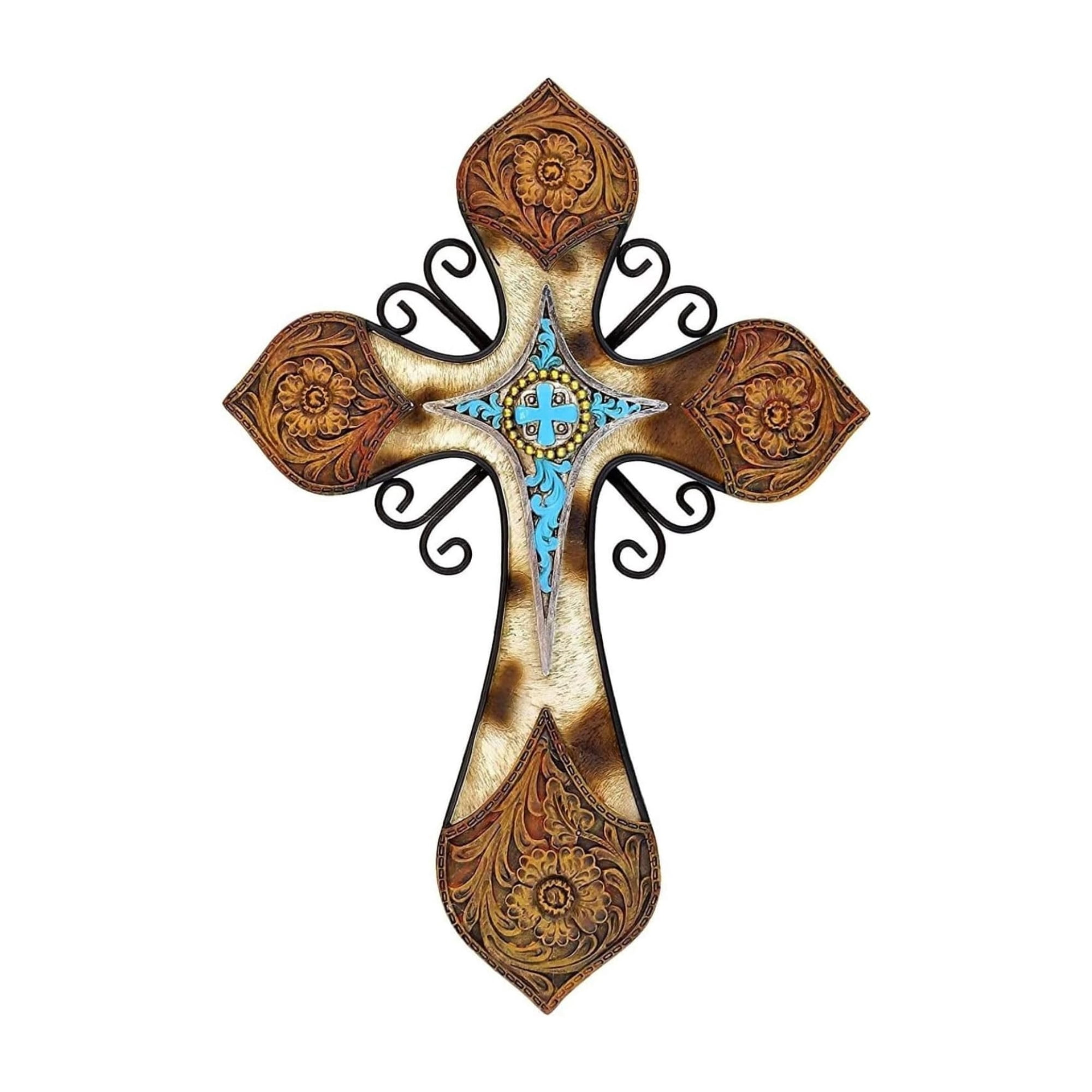 Rustic Western Style Cowhide Faux Tooled Leather Wall Cross with ...