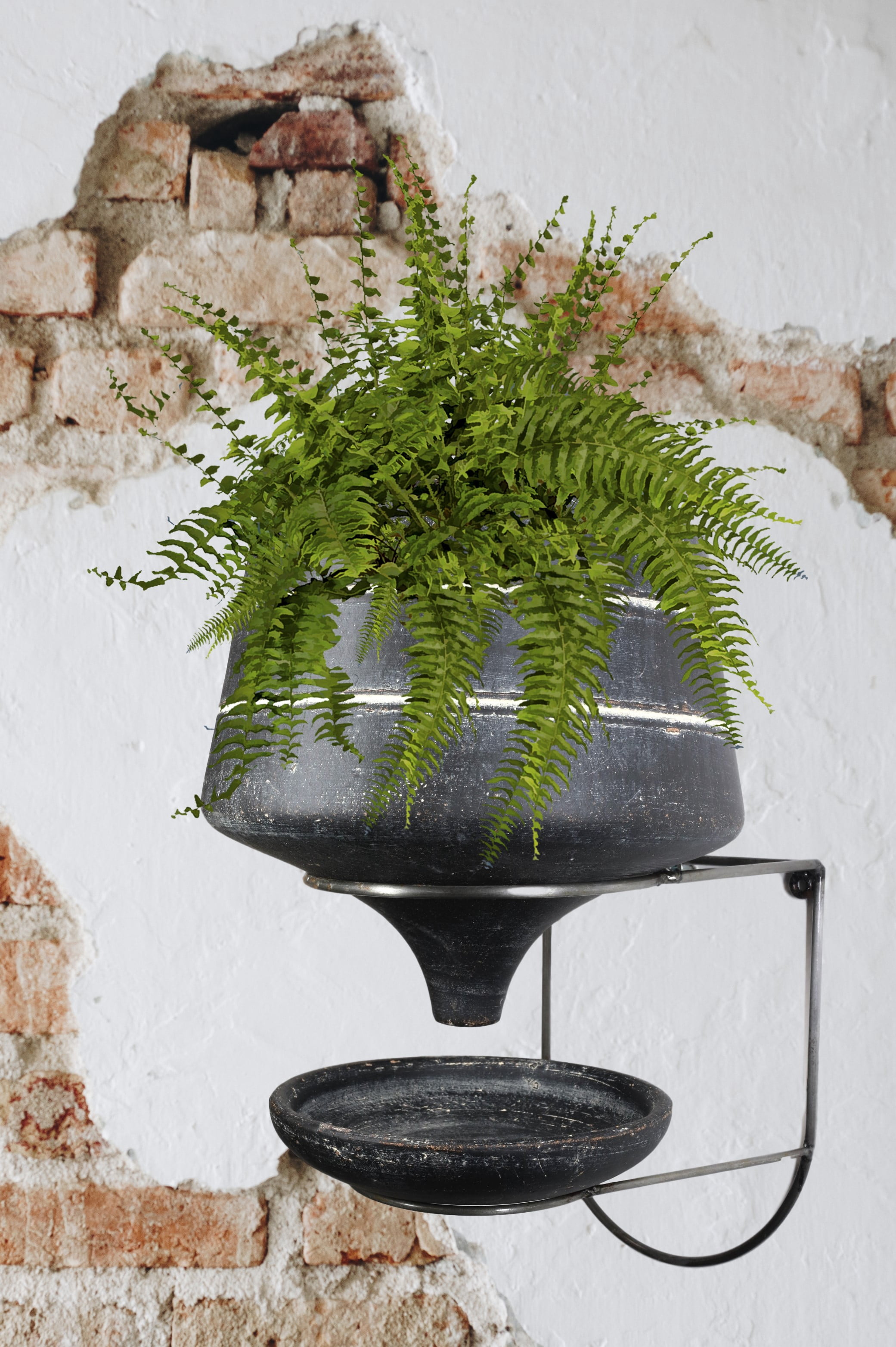 Rustic Traditional Black Clay Pot Wall Planter With Drip Dish And Wire ...