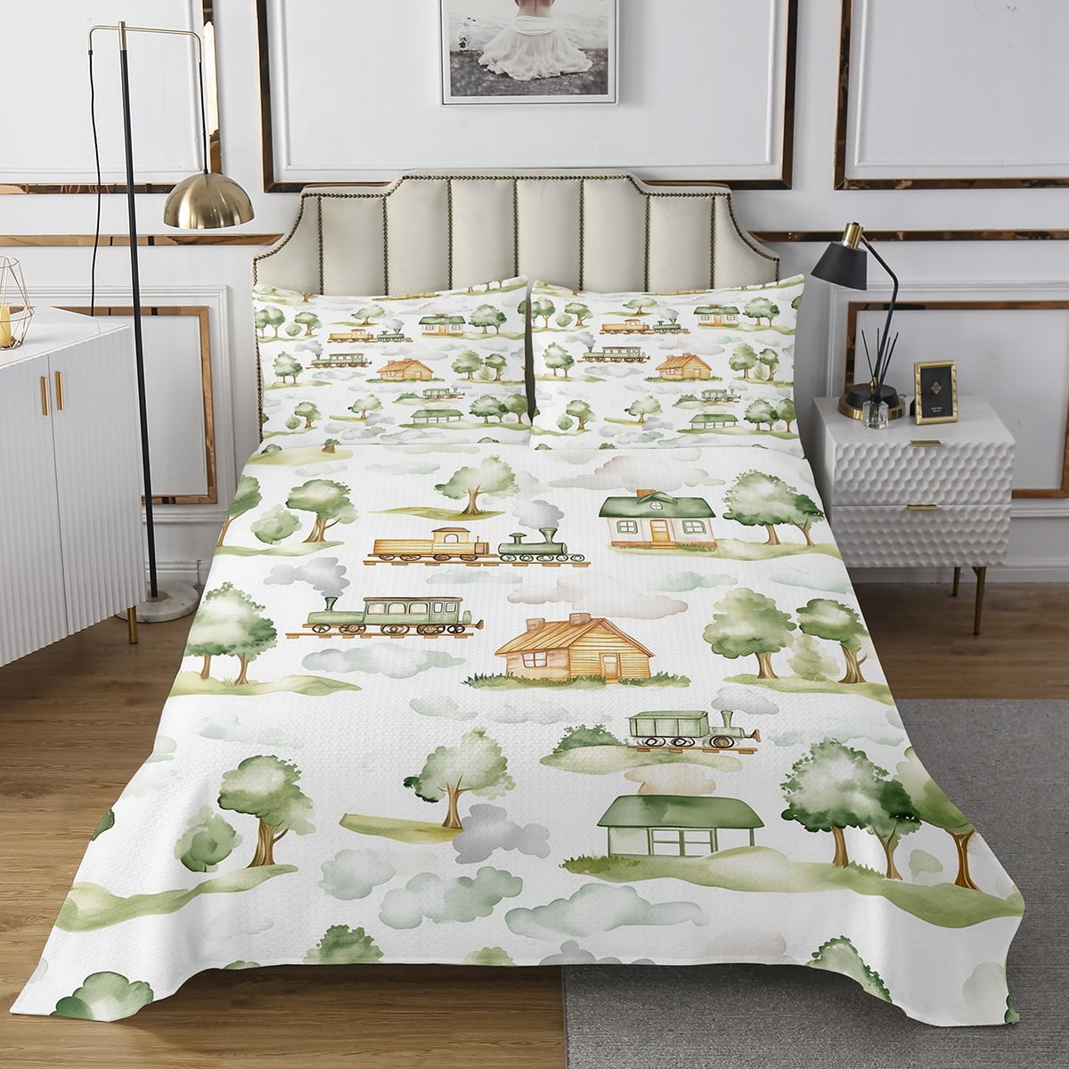 Rustic Train Queen Bedspread Set Green Botancial Tree Print Quilt Set ...