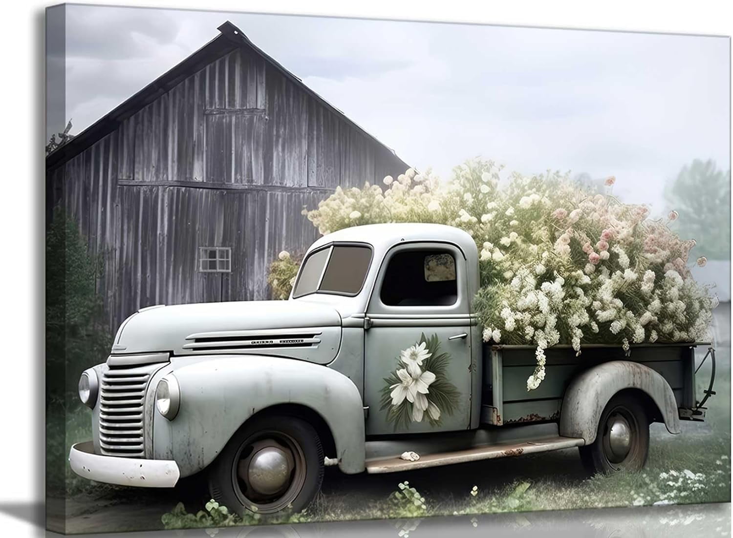 Rustic Truck Canvas Wall Art Vintage Farmhouse Sage Green Blush Petunia ...