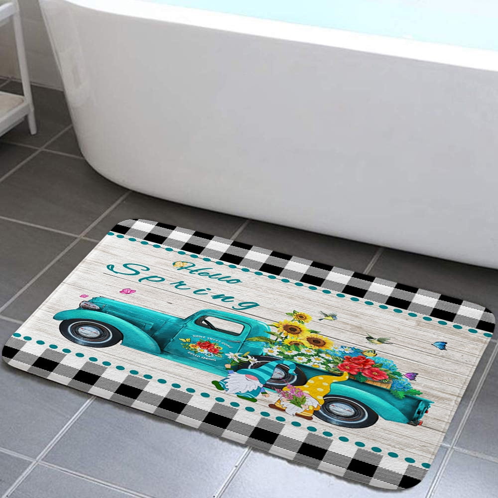 Rustic Truck Floral Bath Rugs, Turquoise Cars Floral with Cute Gnomes ...