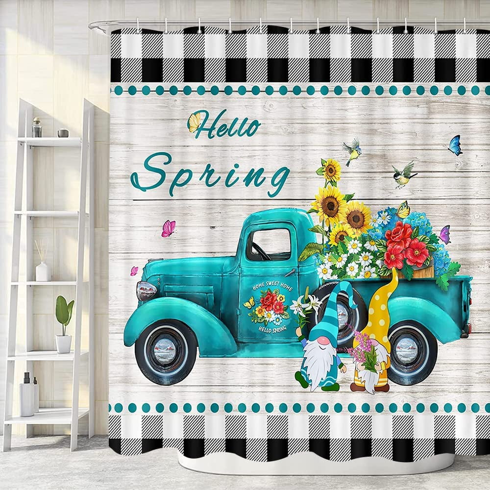 Rustic Truck Floral Shower Curtain, Vintage Turquoise Cars Floral with ...