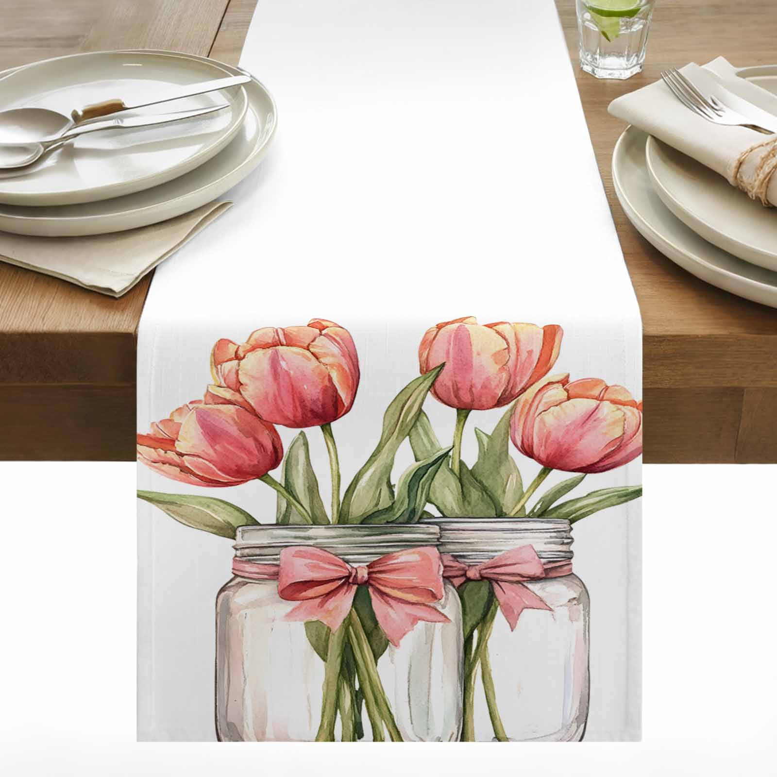 Rustic Tulip Cotton Linen Table Runner Retro Watercolor Red Floral ...