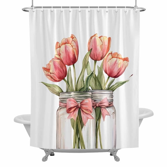 Rustic Tulip Shower Curtain for Bathroom, Retro Watercolor Red Floral ...