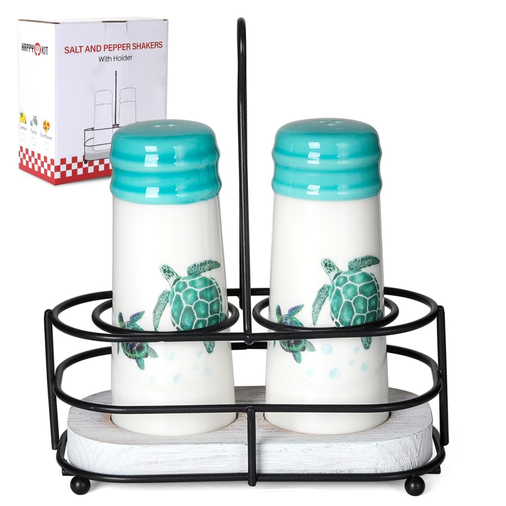 Rustic Turtle Salt & Pepper Shakers Set with Holder | Farmhouse Kitchen ...