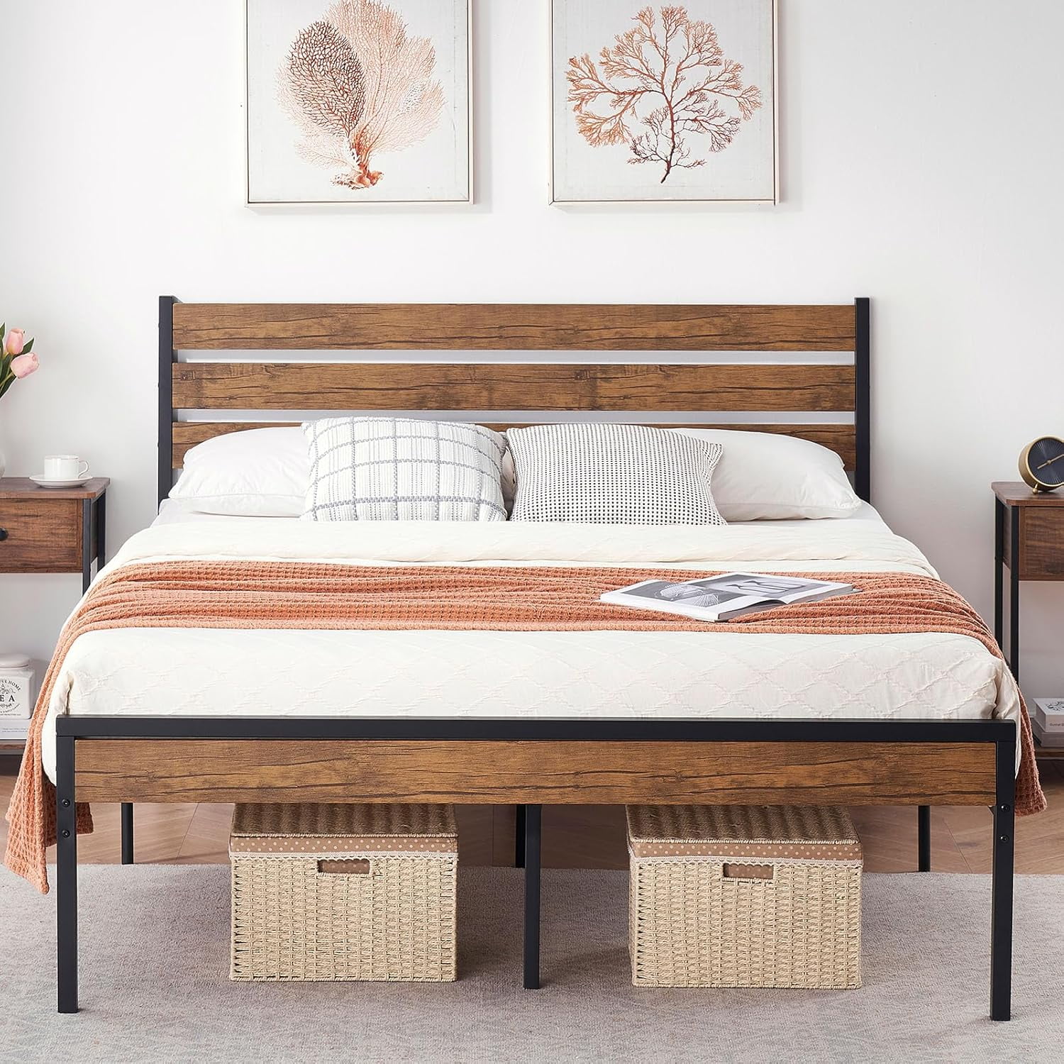 Rustic Twin Bed Frame with Headboard, Farmhouse Metal Platform, Wood ...